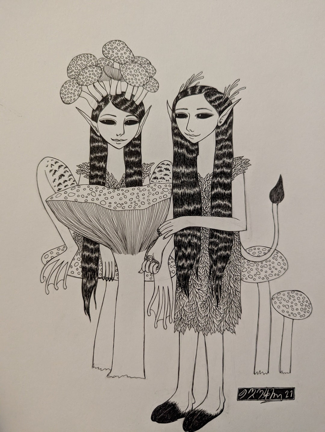 Original Drawing-"fae Friends With Mushrooms". 2021. - Etsy