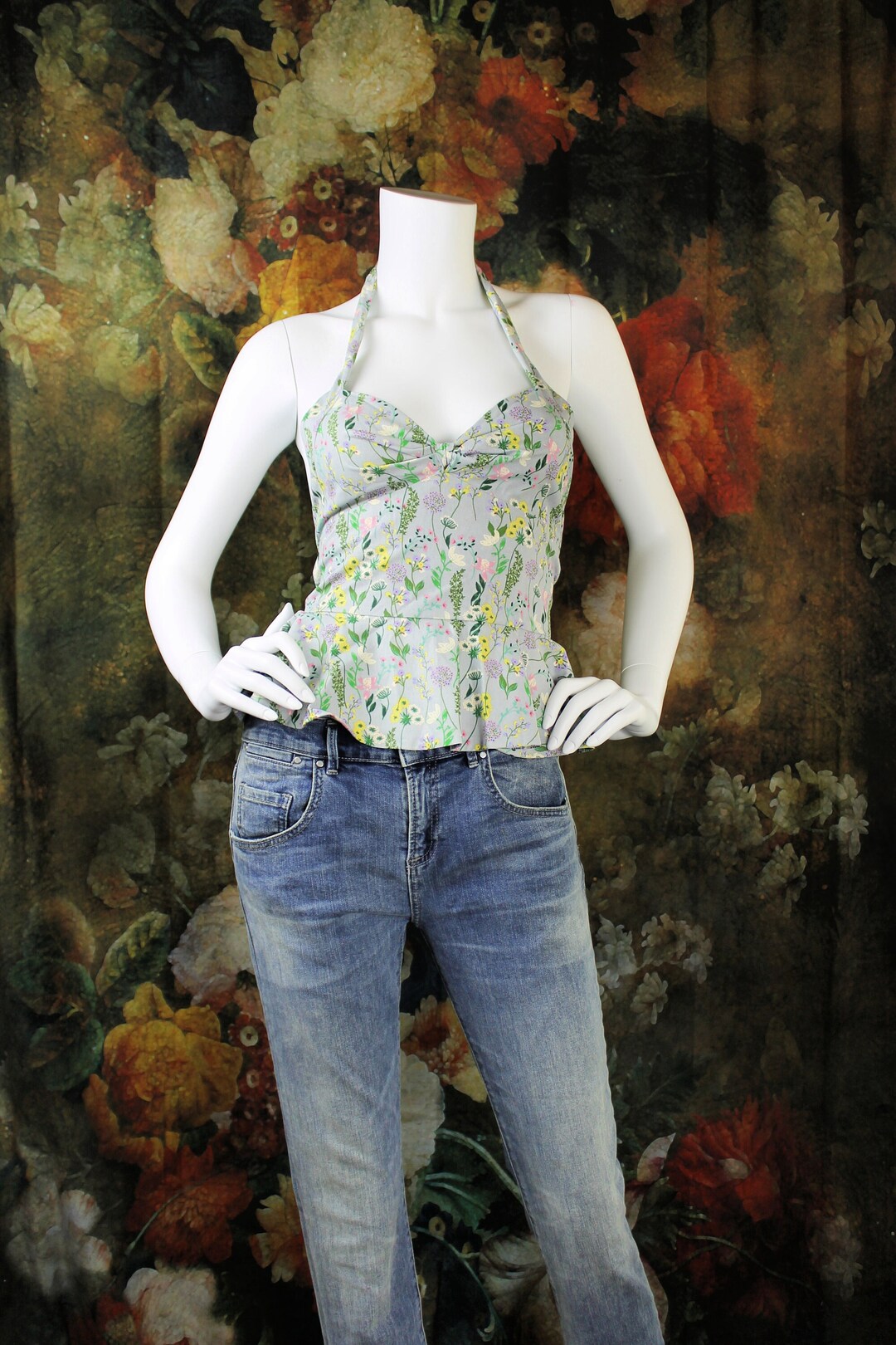 Floral Halter Tank Top, Vintage Style Tank, Women's Halter Top, Peplum ...