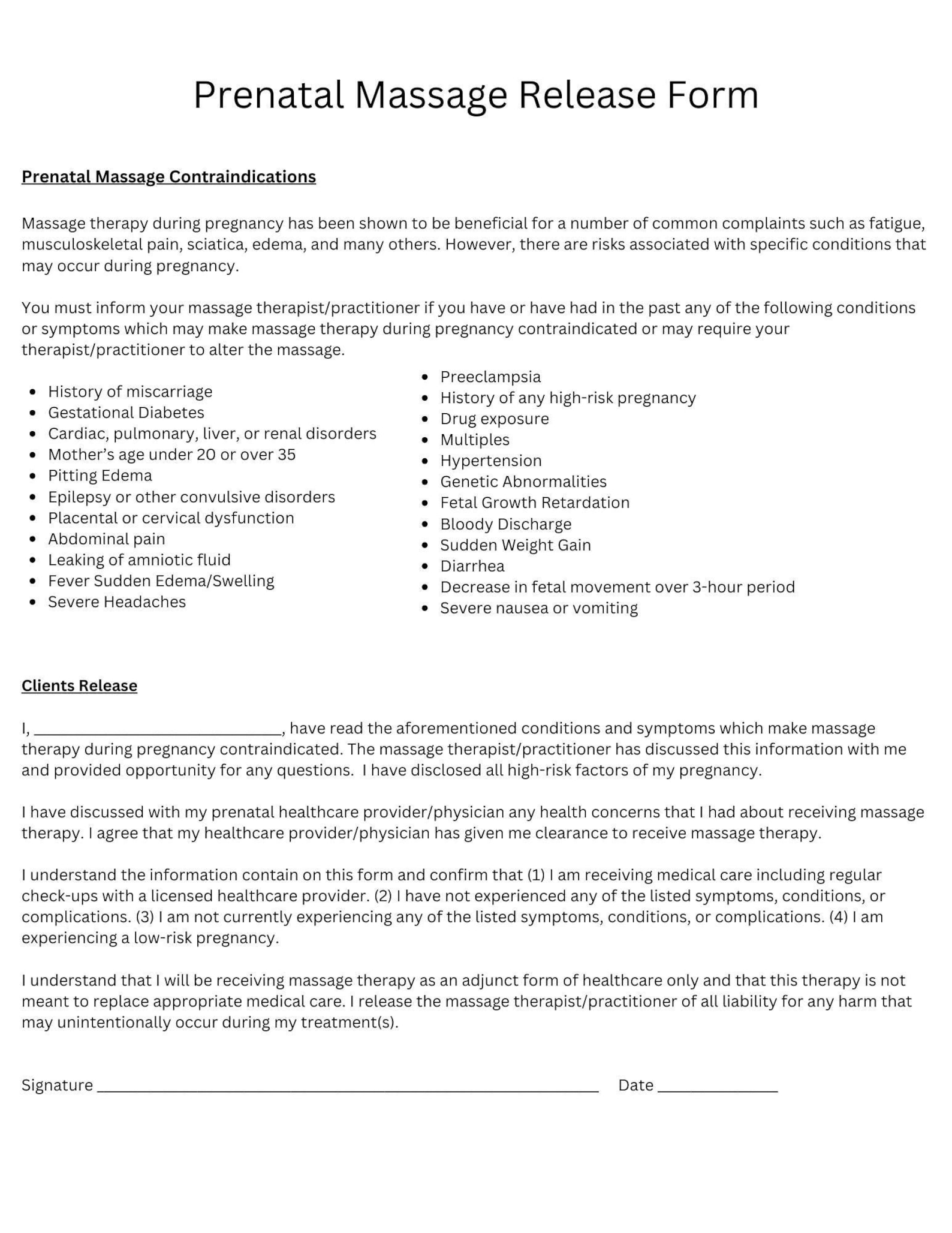 Prenatal Massage Release Form for Massage Therapist Business Document ...