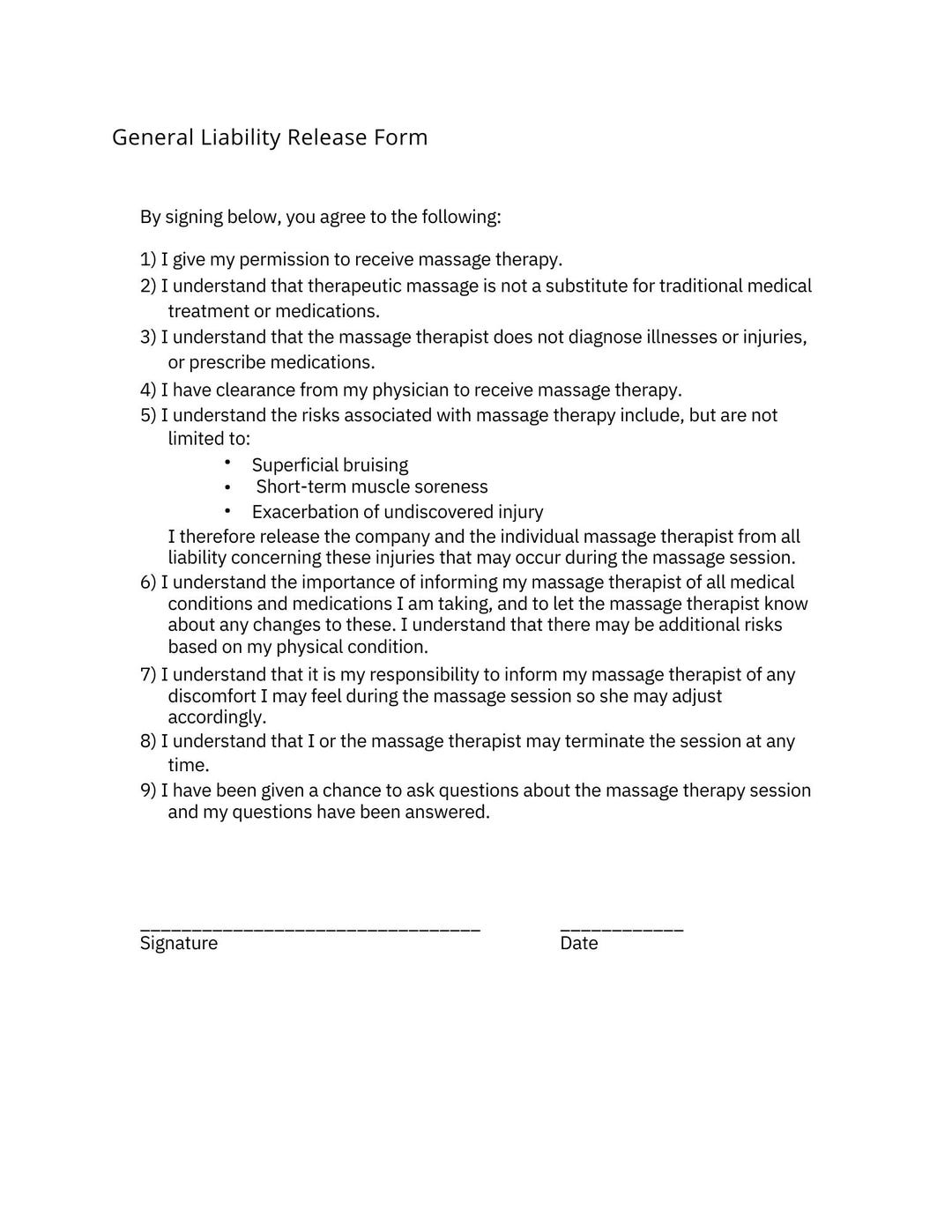 Massage Therapy Liability Release Document for Massage Therapist Client ...