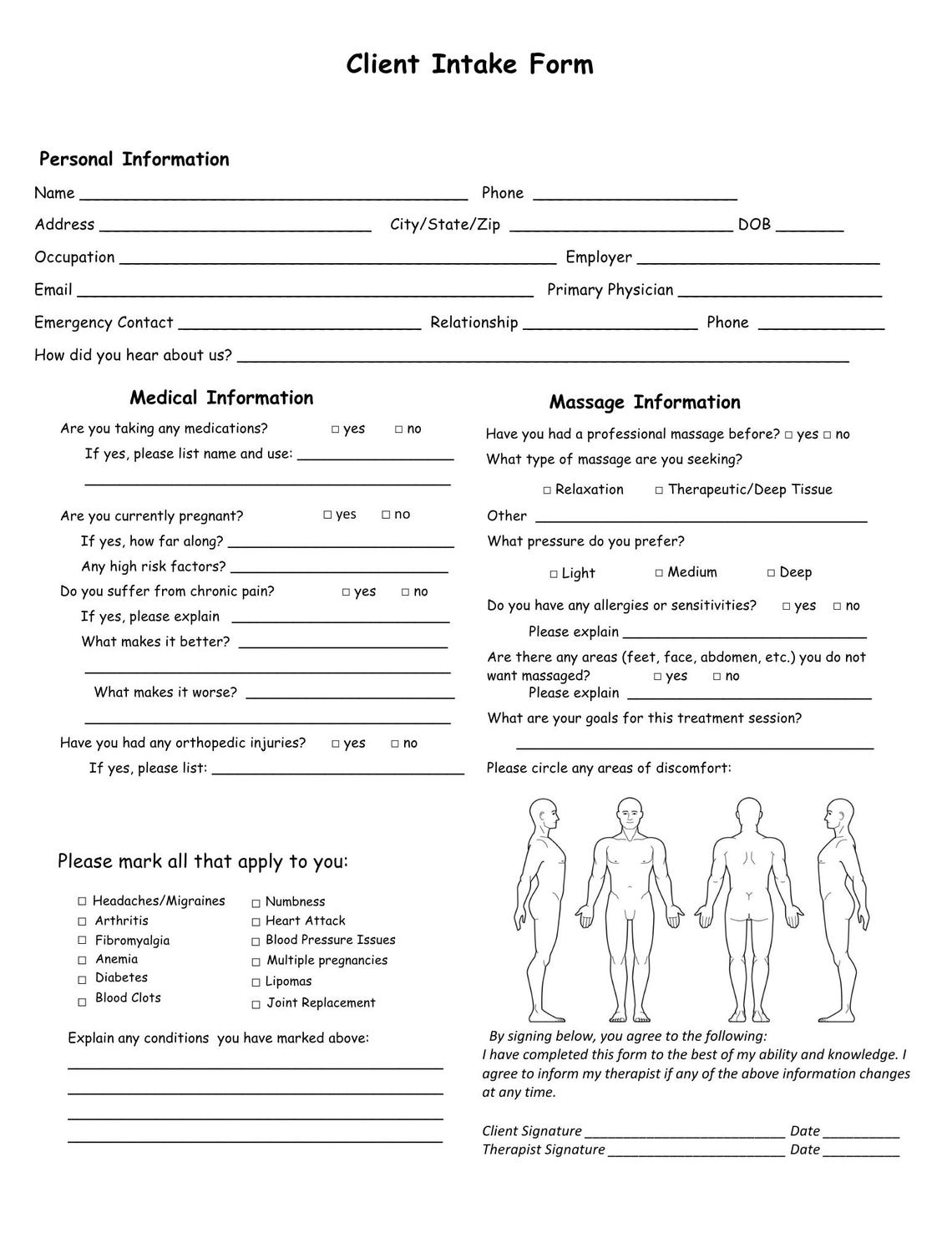 Massage Client Intake Form for Massage Therapy Business Documents for ...