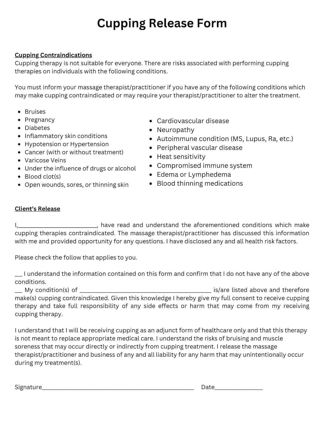 Massage Therapy Cupping Release Form for Massage Therapy Liability ...