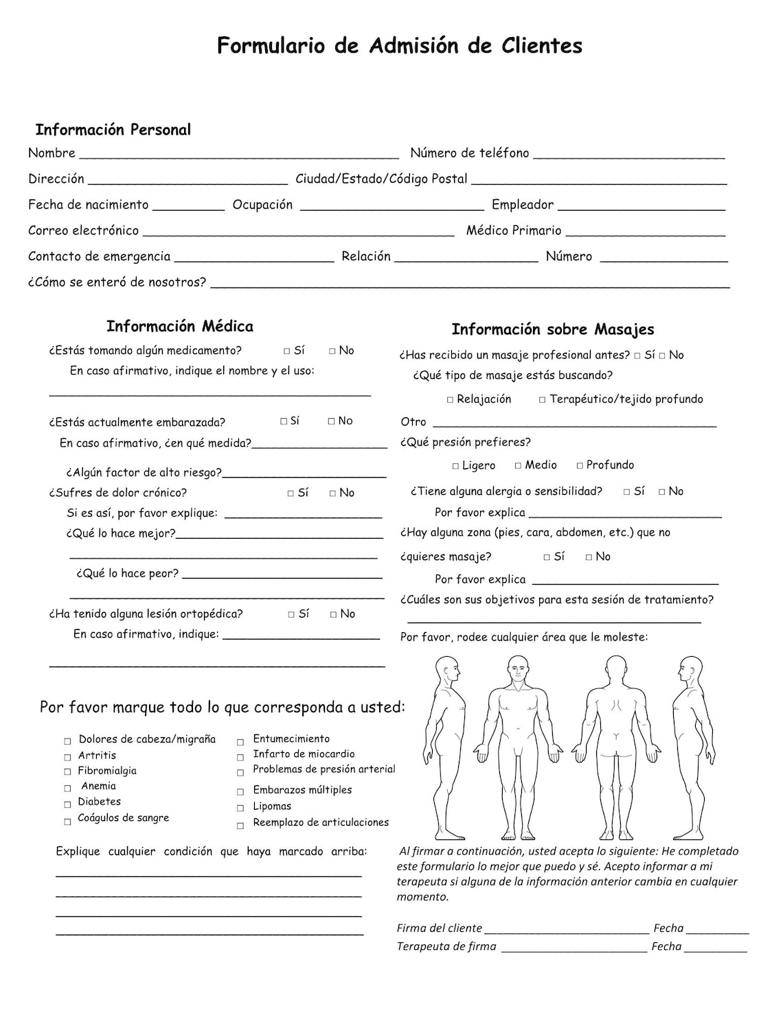 Formulario De Admisión Para Masajes En Español Documentos De Masajes ...