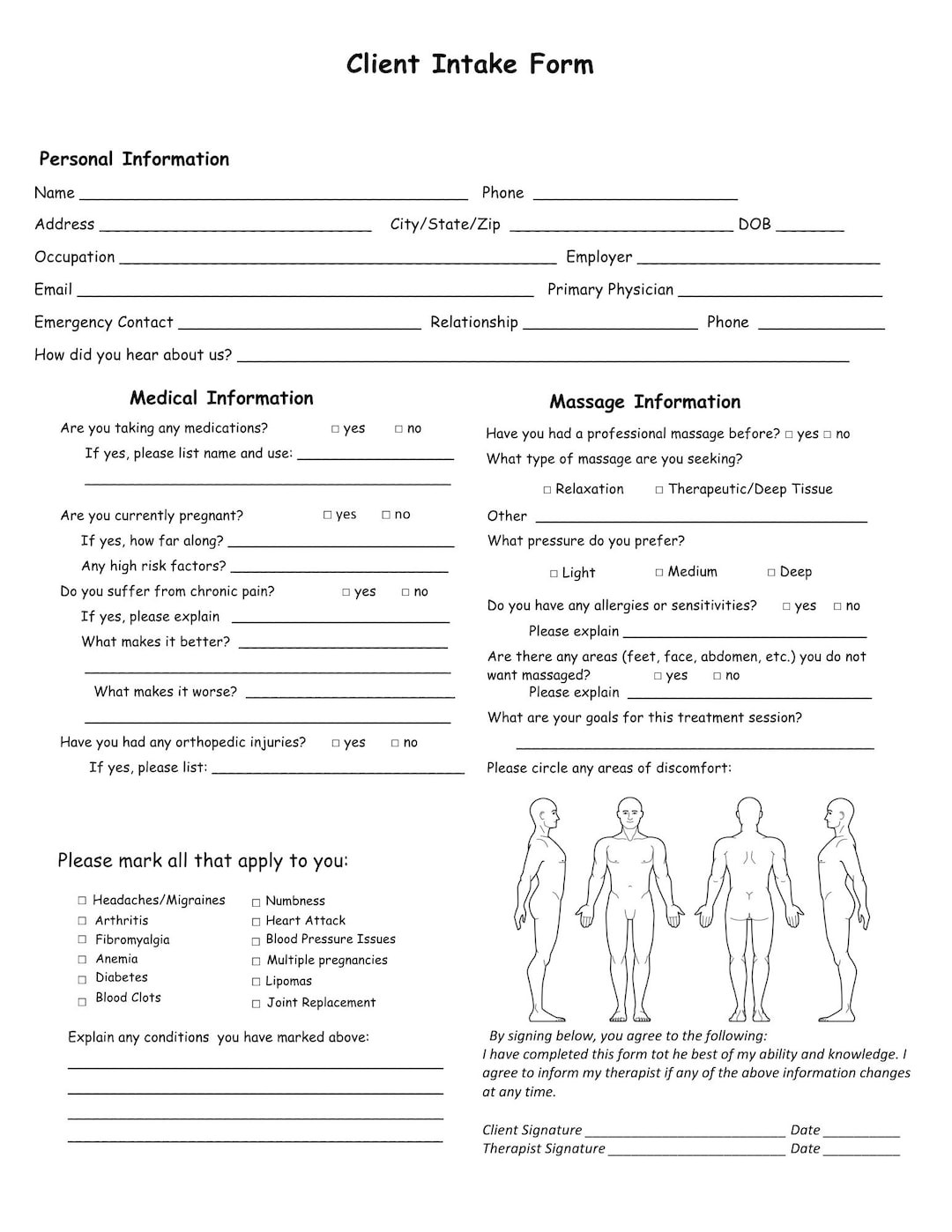 Massage Client Intake Form for Massage Therapy Business Documents for ...