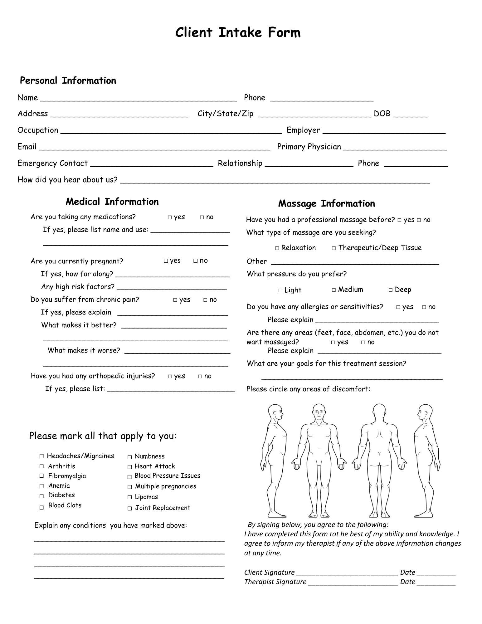 Massage Client Intake Form for Massage Therapy Business Documents for ...