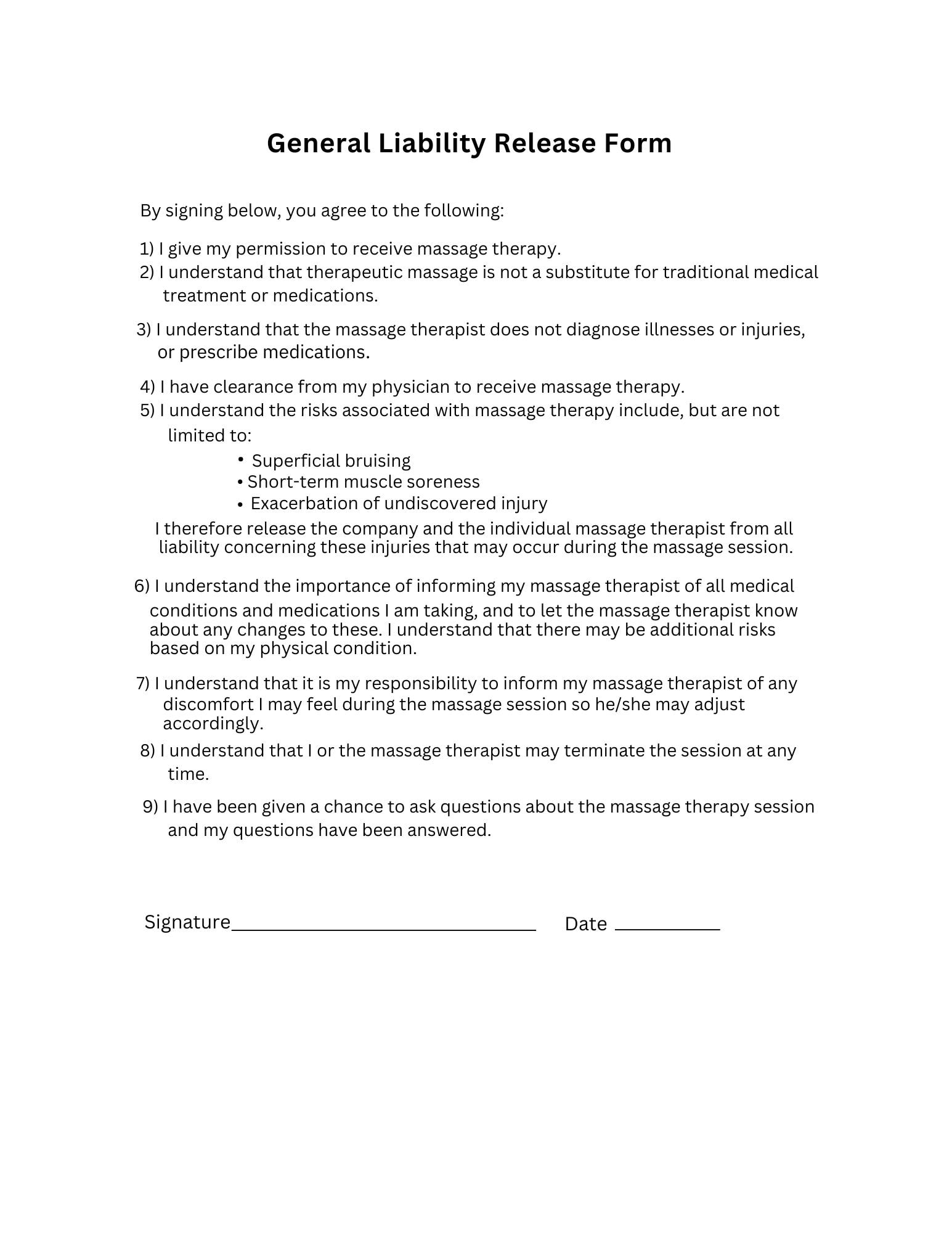 General Liability Release Form for Massage Therapist Liability Release ...