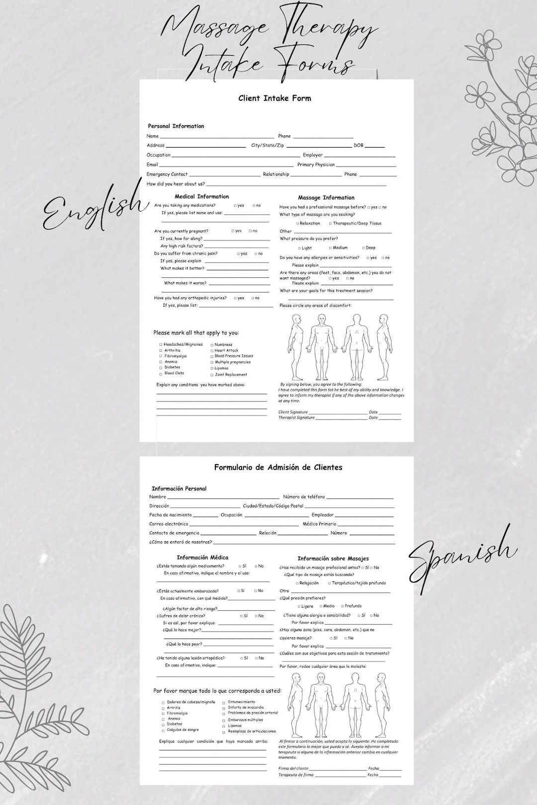 Massage Therapy Documents for Massage Therapist Spanish Intake Form ...