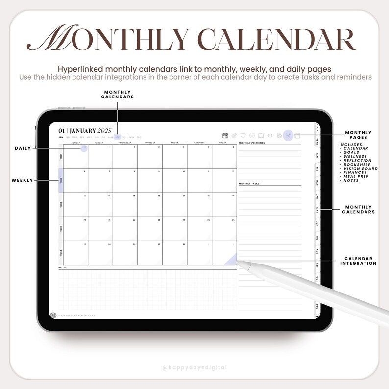 2025 Horizontal Digital Planner Dated Minimalist iPad Digital Planner ...