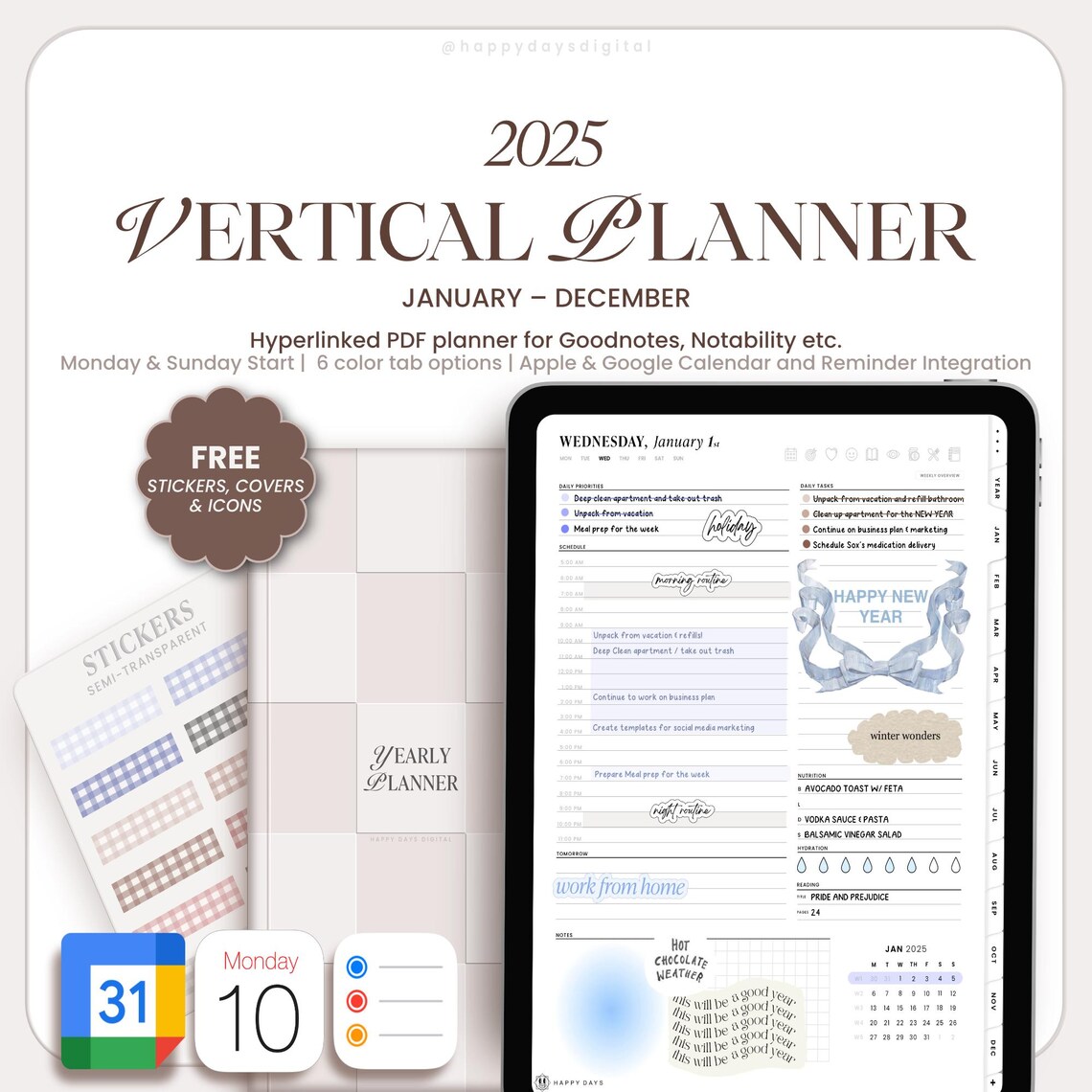 2025 Vertical Digital Planner Dated Minimalist iPad Digital Planner ...