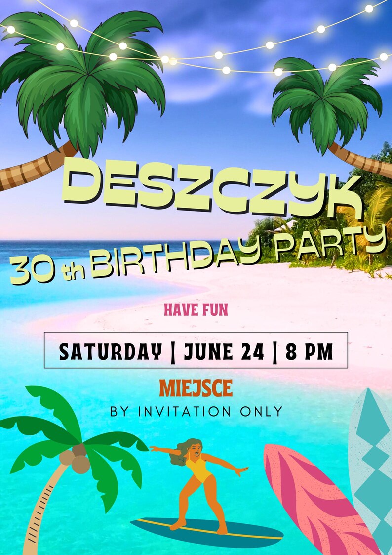 TEMPLATE Surfer Style, Birthday Poster, Surfing, Birtday Party, Palms ...