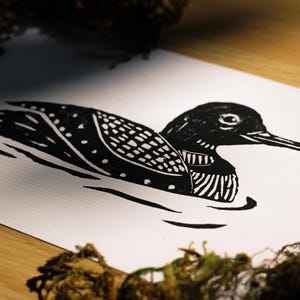 Loon Linocut Print, Block Print Bird in Nature, Handmade Ink Art ...