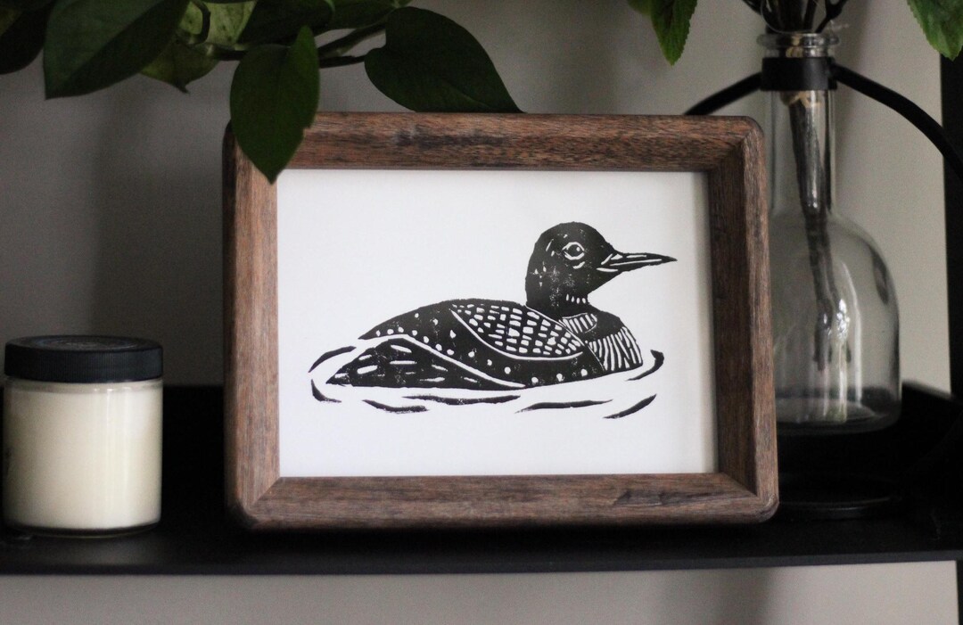 Loon Linocut Print, Block Print Bird in Nature, Handmade Ink Art ...