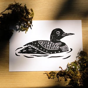 Loon Linocut Print, Block Print Bird in Nature, Handmade Ink Art ...