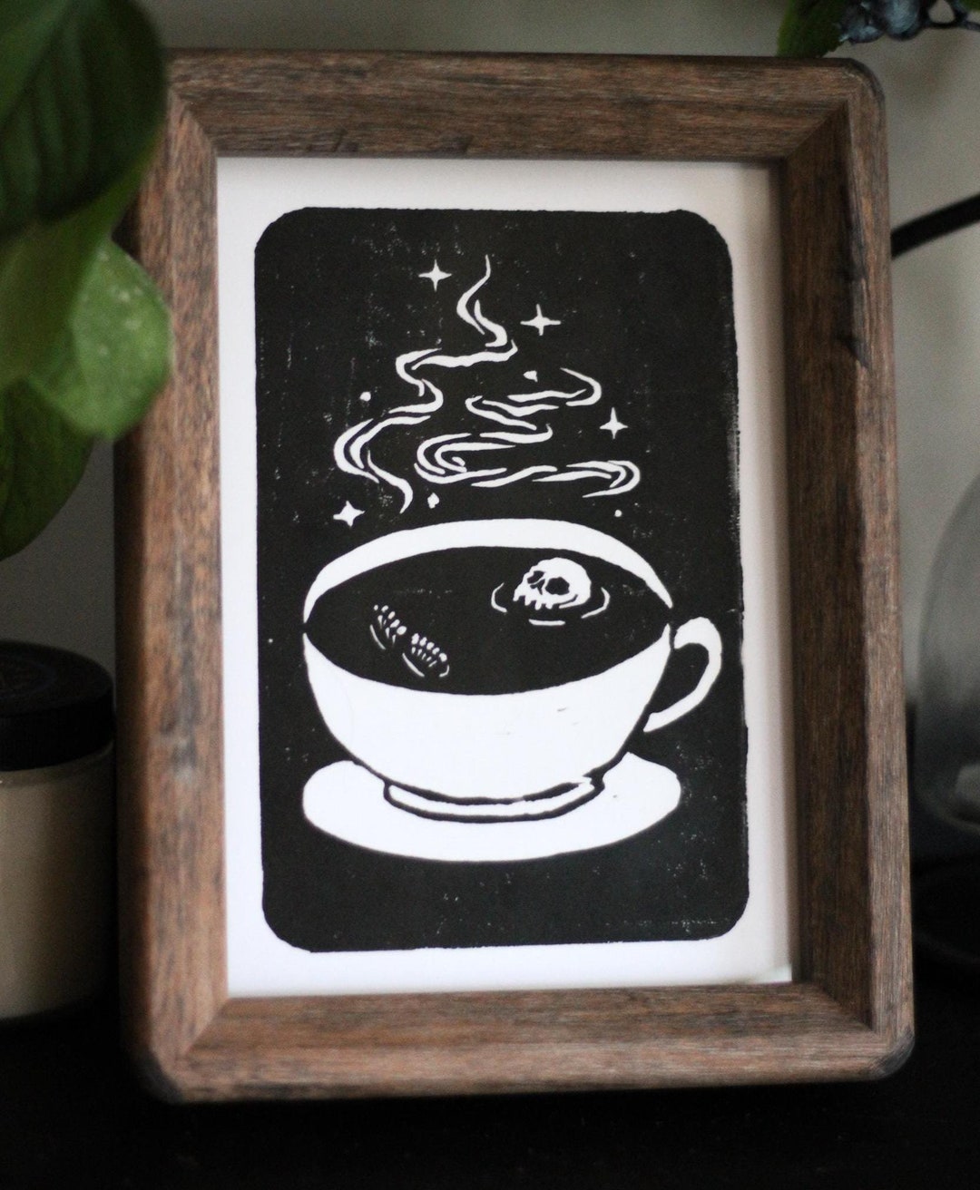 Linocut Print "sip of Life", Handmade Skeleton Block Print, Coffee Art ...