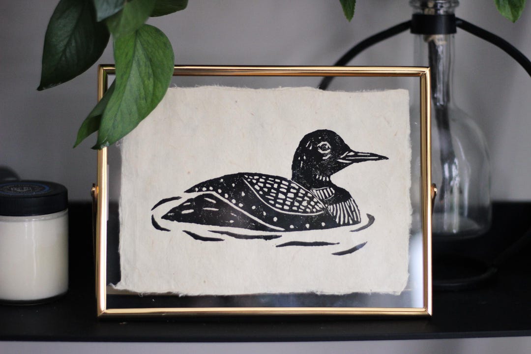 Loon Linocut Print on Lokta Paper - Handmade Block Print Bird Art ...