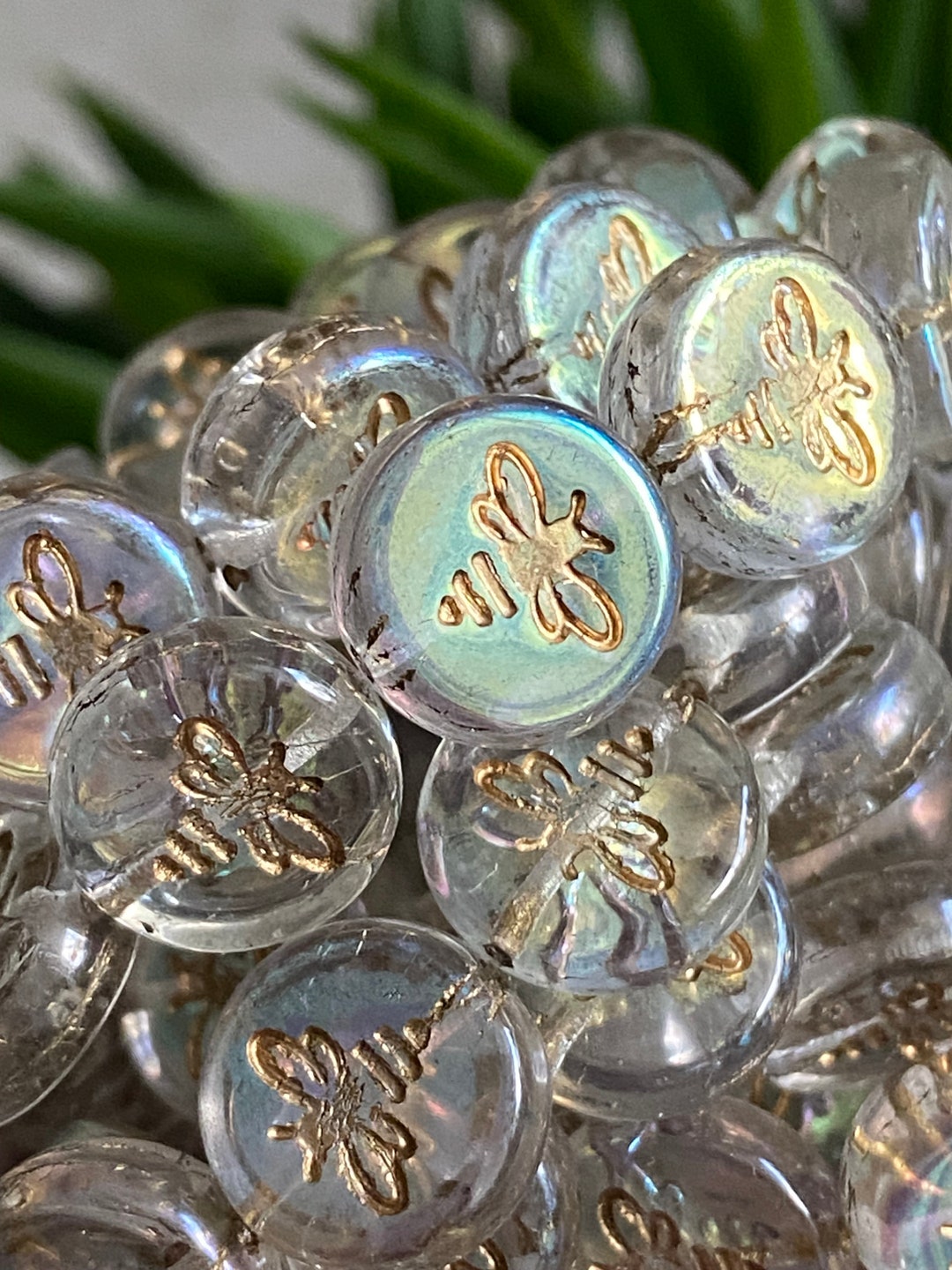 Bee Beads - Bee Coin Beads - Czech Glass Beads - Coin Beads - Round Bee ...