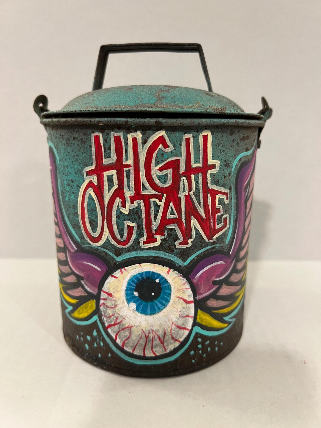 High Octane Hot Rod Art Can – Hand Painted Patina Tin With Winged ...