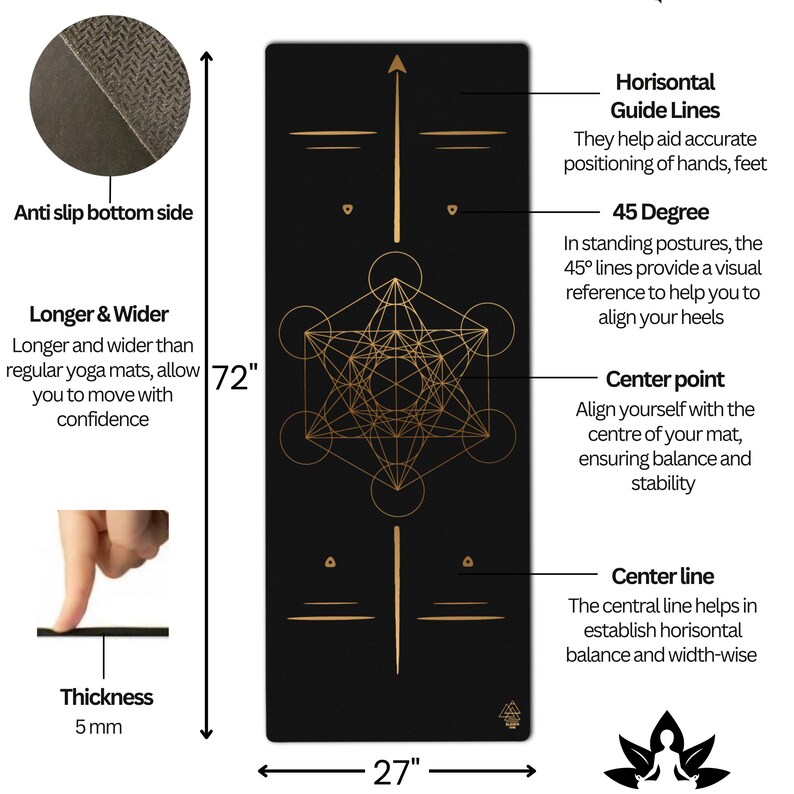 Sacred Geometry Yoga Mat Black Gold Flower of Life Ganesha Buddha ...
