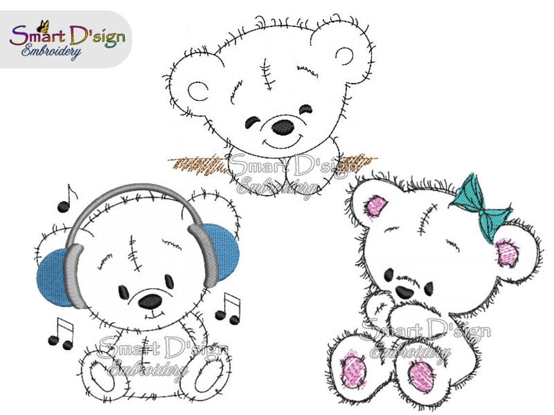 Set 3x TEDDY DOODLE APPLIQUES 4x4 Inch Children Teddy - Etsy