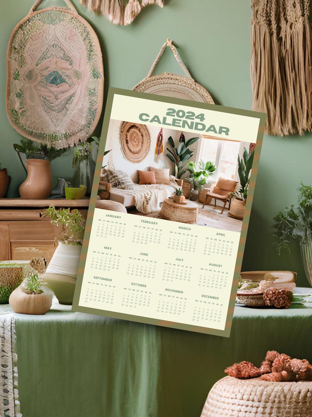 2024 Monthly Calendar, Printable Calendar Template, Boho Chic Calendar ...