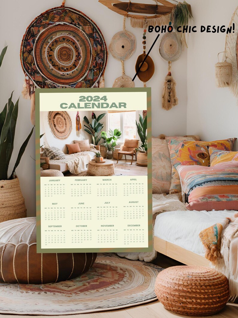 2024 Monthly Calendar, Printable Calendar Template, Boho Chic Calendar ...