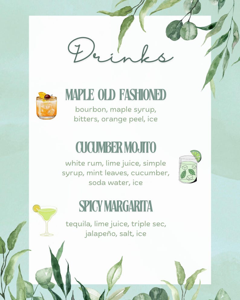 Pale Green Floral Drinks Menu Template, Printable Drinks Sign, Editable ...