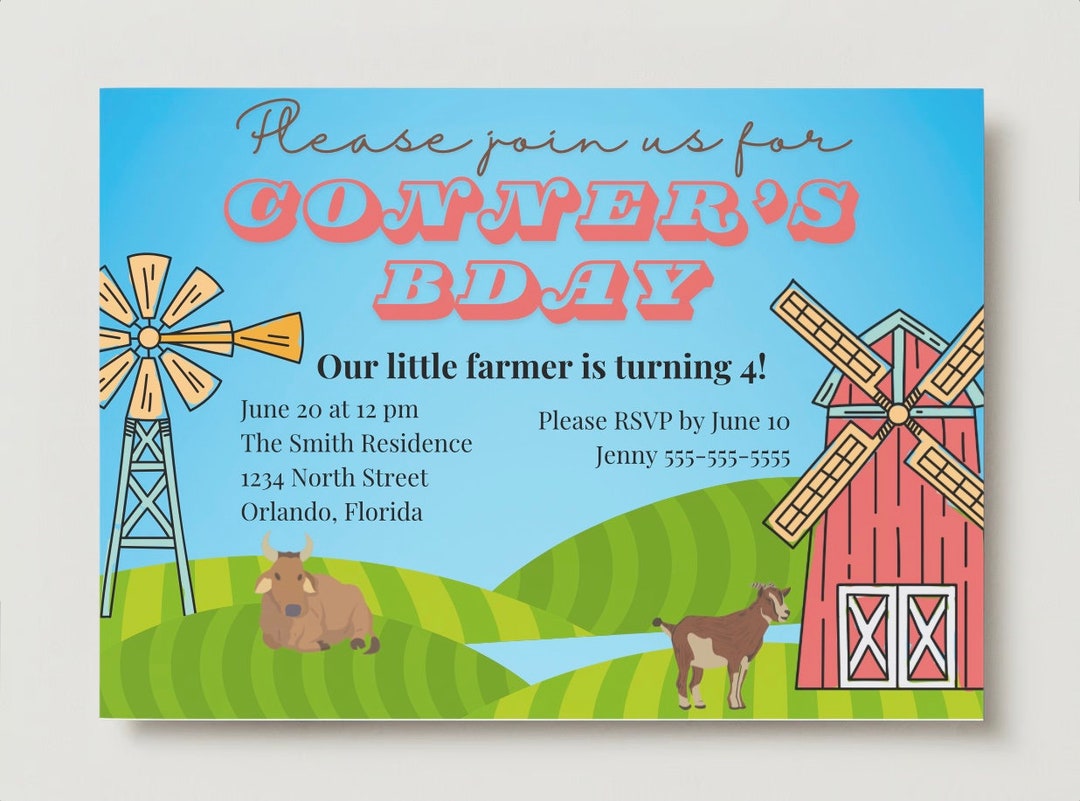 Farm Birthday Party, Editable, Digital Template, Kids, Card, Canva ...