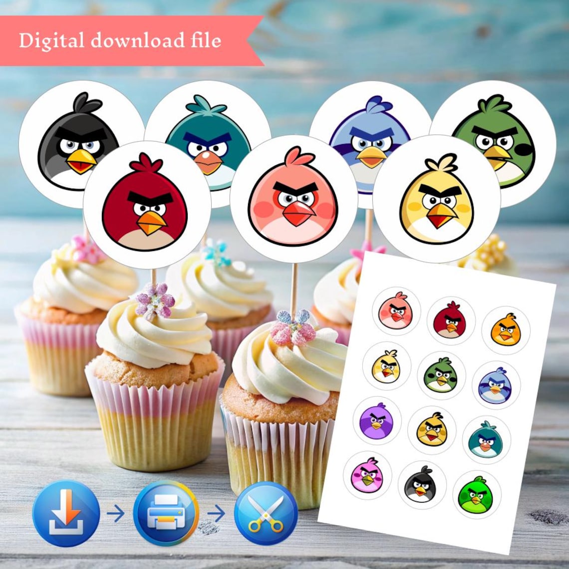 2.3 Inch Angry Birds Cupcake Toppers Printable Digital File Birthday ...