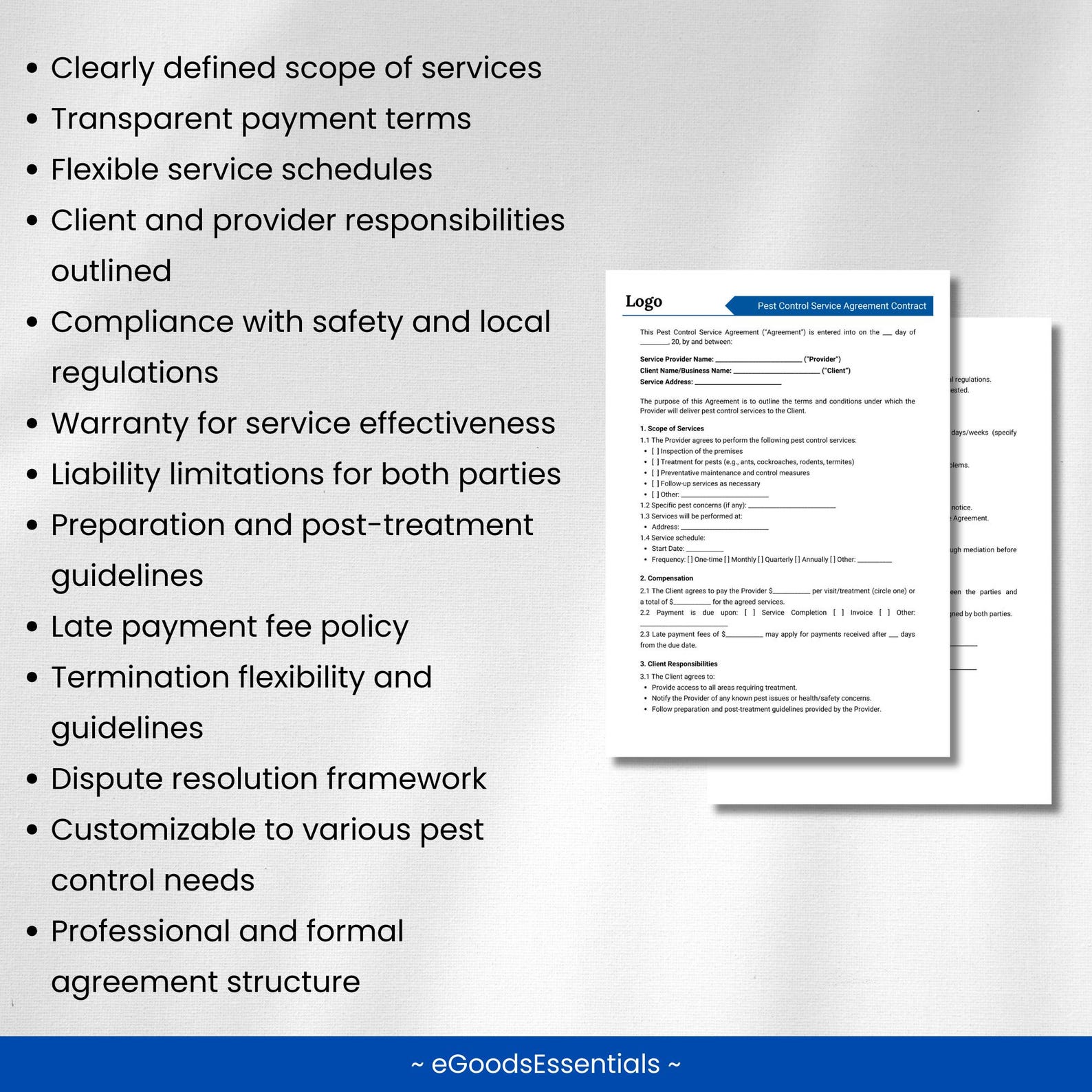 Editable Pest Control Service Agreement Template - Customizable Client ...