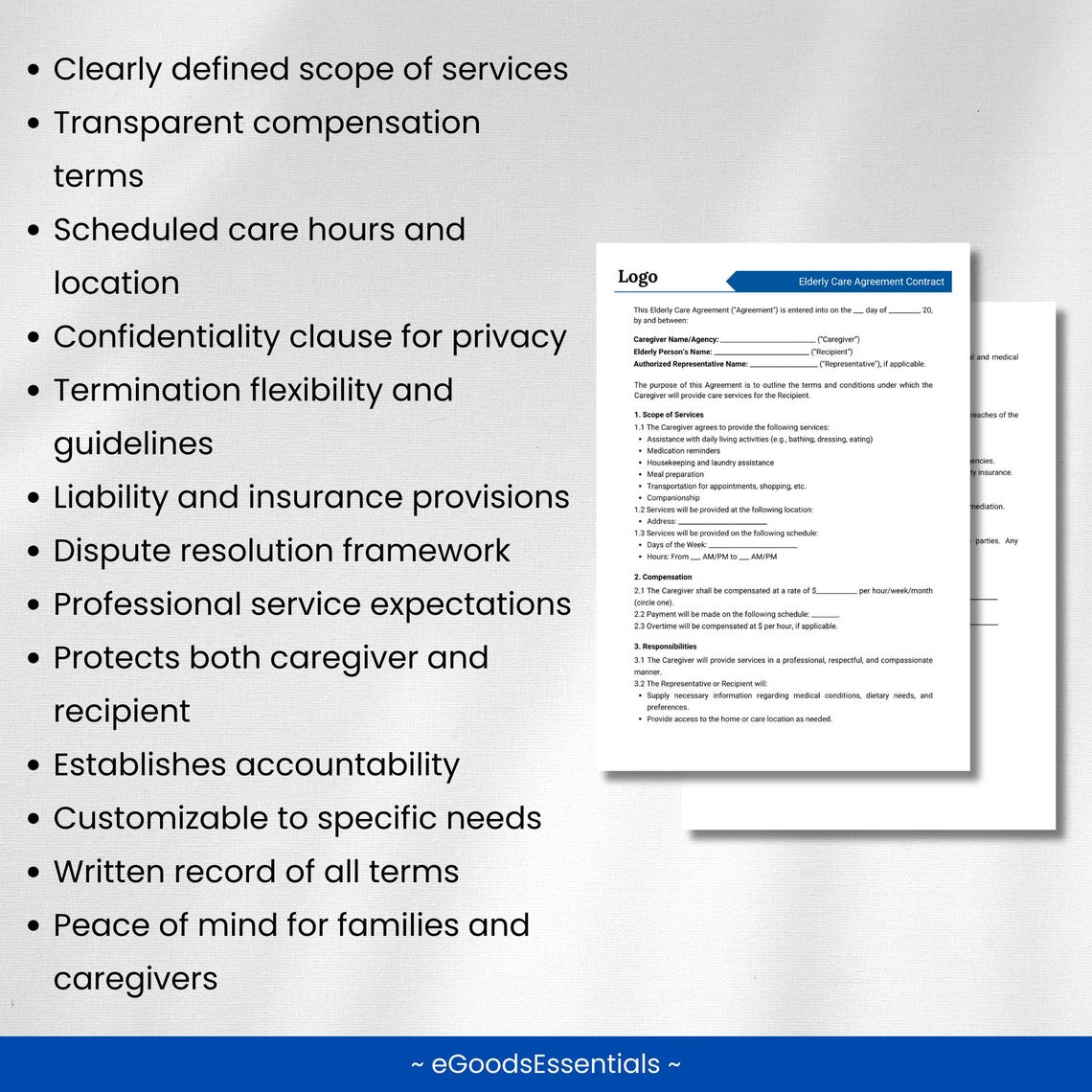 Editable Elderly Care Agreement Template: Customizable Caregiver ...