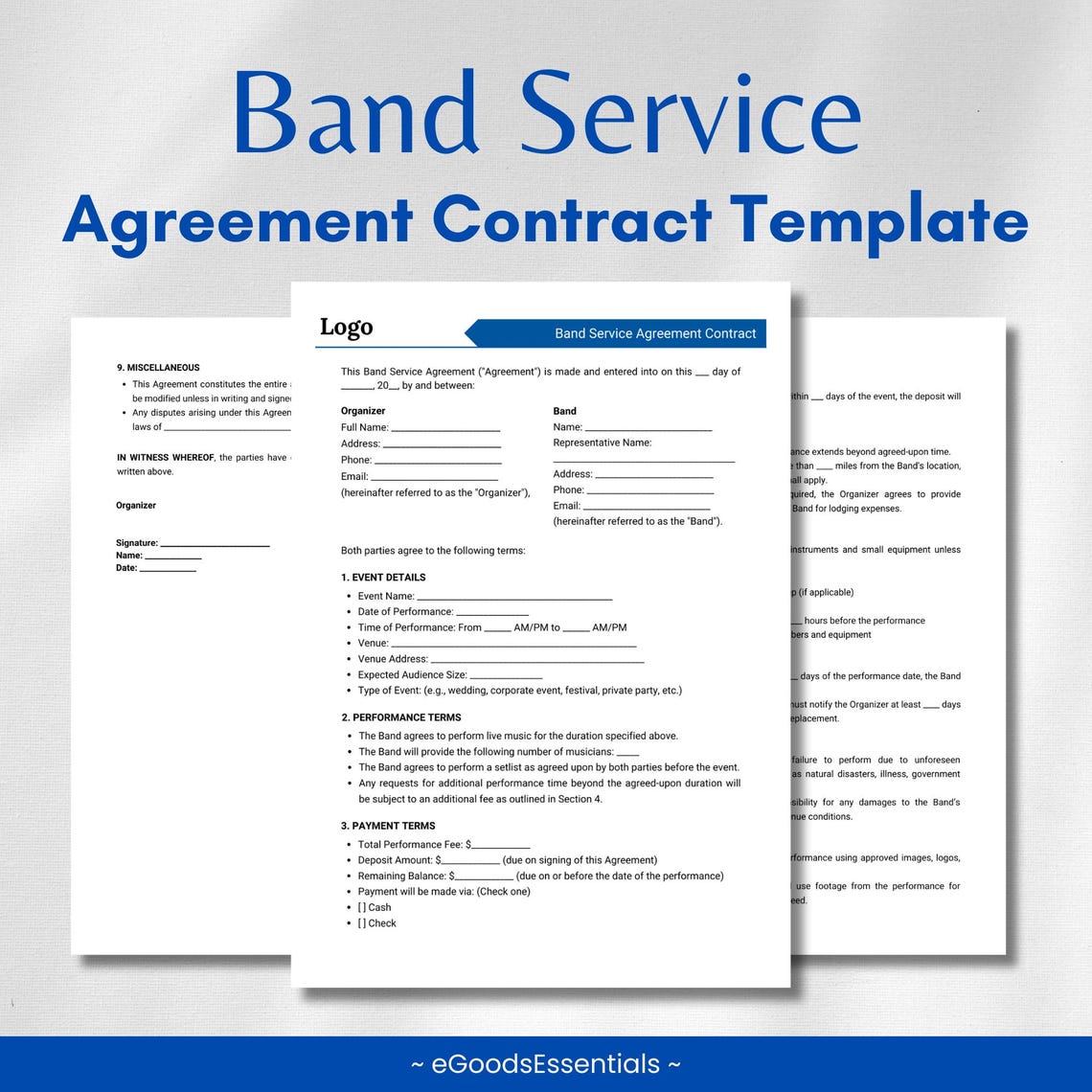 Band Service Agreement Contract Template: Editable Canva, PDF & Word ...
