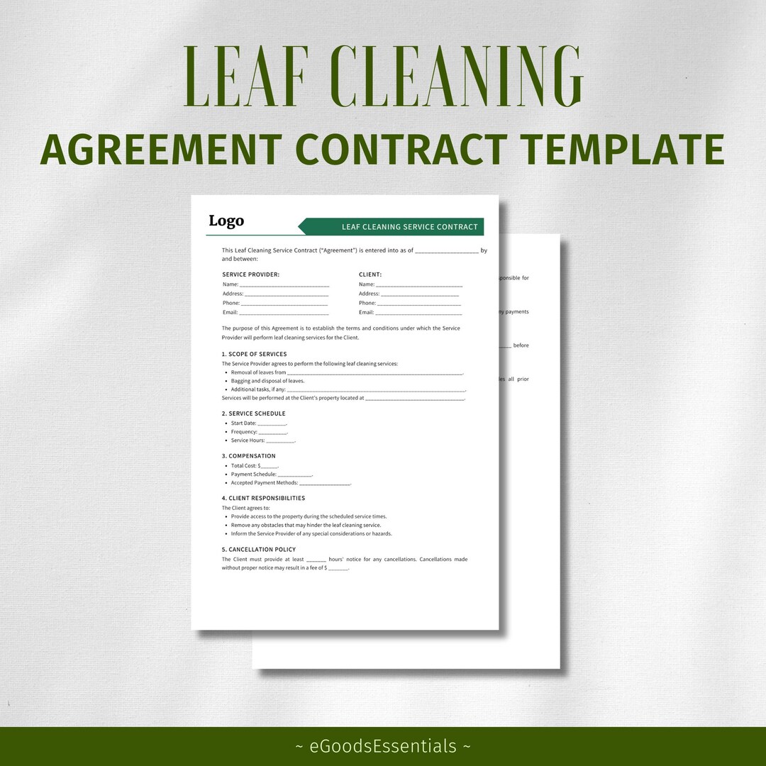 Editable Leaf Cleaning Service Contract Template - Lawn Care Agreement - Client Intake Form ...