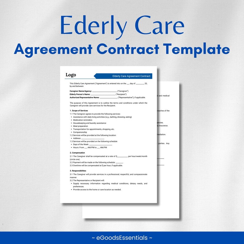 Editable Elderly Care Agreement Template: Customizable Caregiver ...