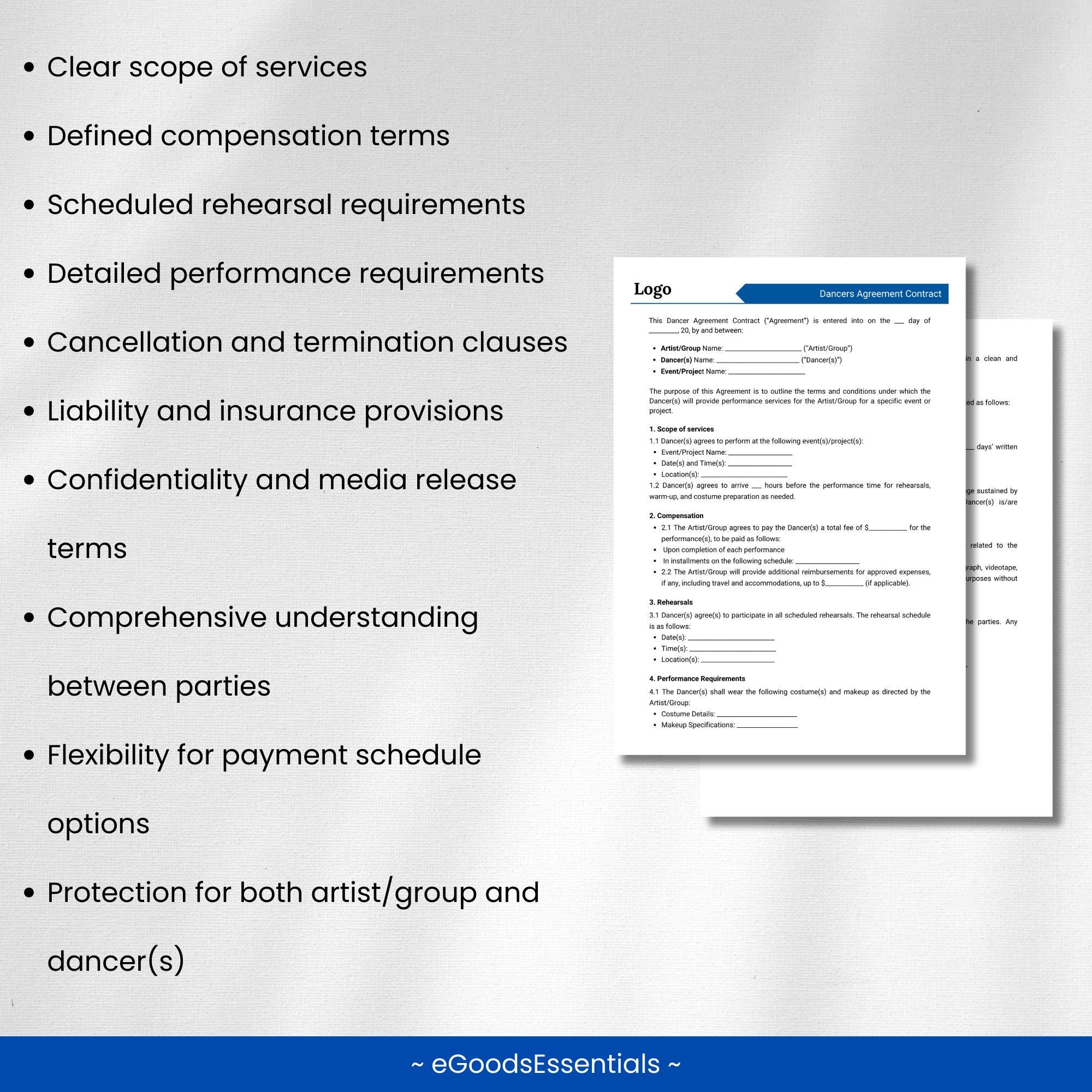 Editable Dancers Agreement Contract Template - Performance and ...