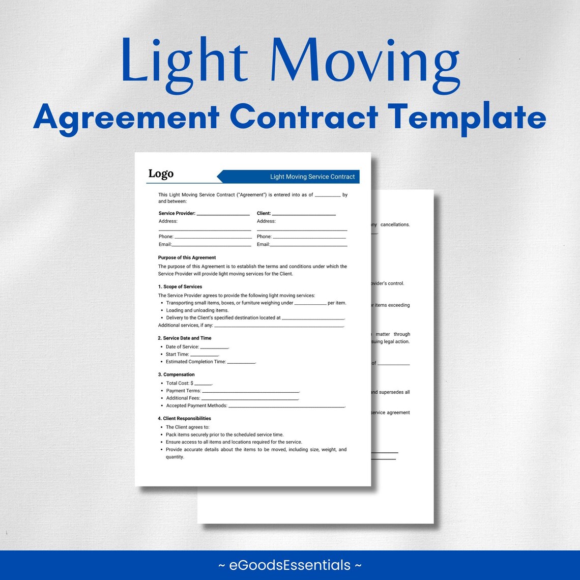 Editable Light Moving Service Contract Template - Freelance Agreement ...
