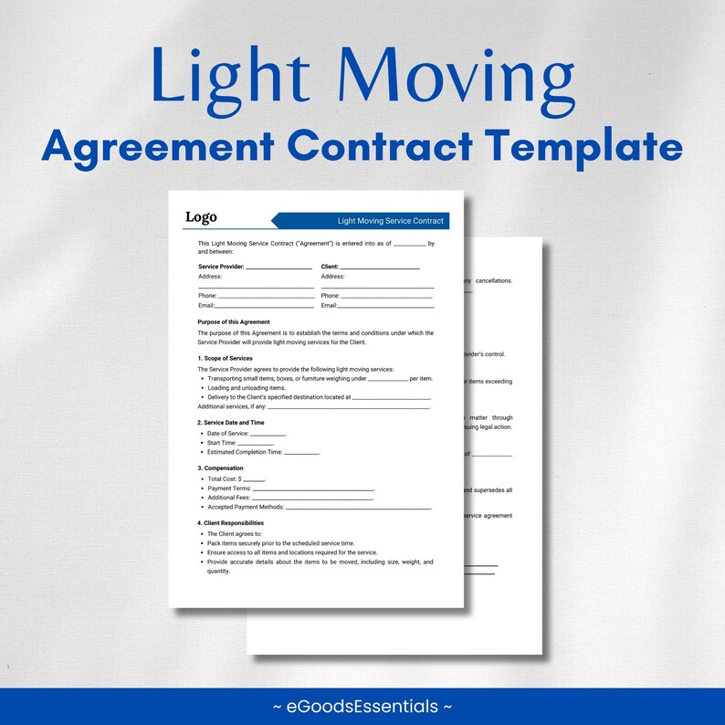 Editable Light Moving Service Contract Template - Freelance Agreement ...