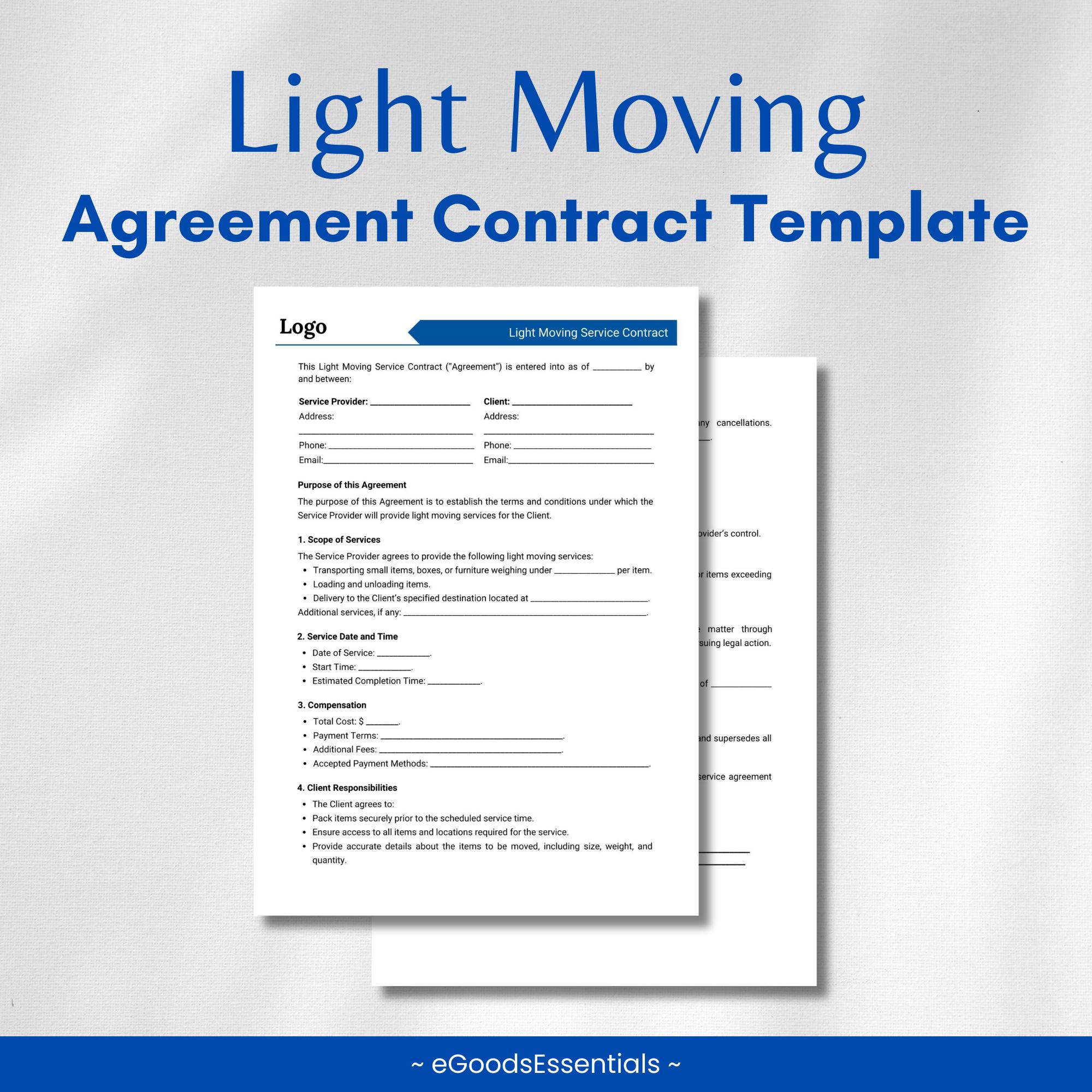 Editable Light Moving Service Contract Template - Freelance Agreement ...