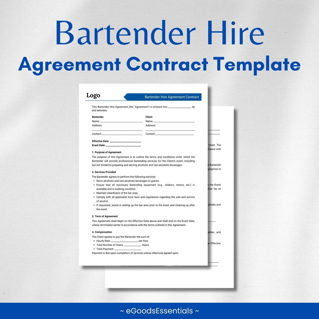 Editable Bartender Hire Agreement Contract Template, Freelance Service ...