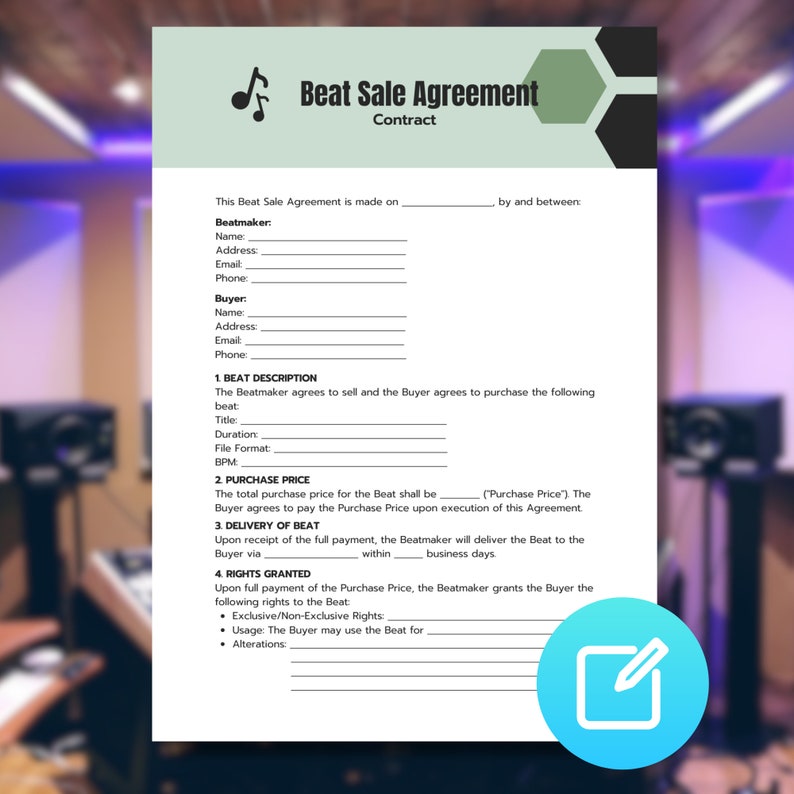 Editable Beat Sale Agreement Contract Template Freelance Beat Licensing ...