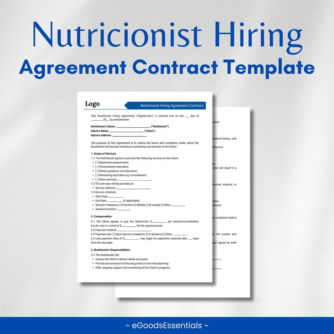 Editable Nutritionist Hiring Agreement Template - Customizable Contract for Nutritional Services ...