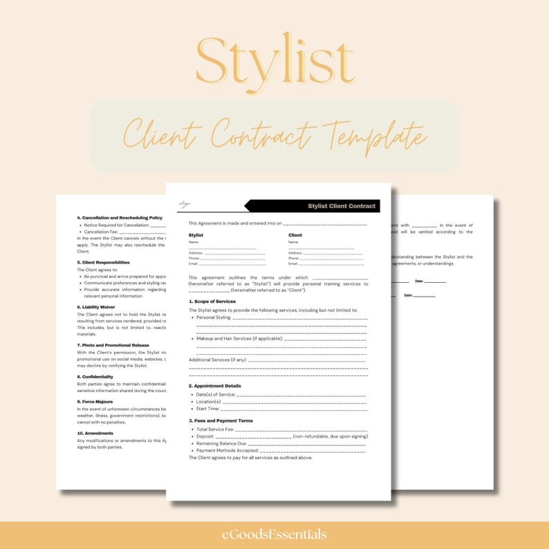 Editable Stylist Client Contract Template: Makeup, Hair, Fashion (PDF ...