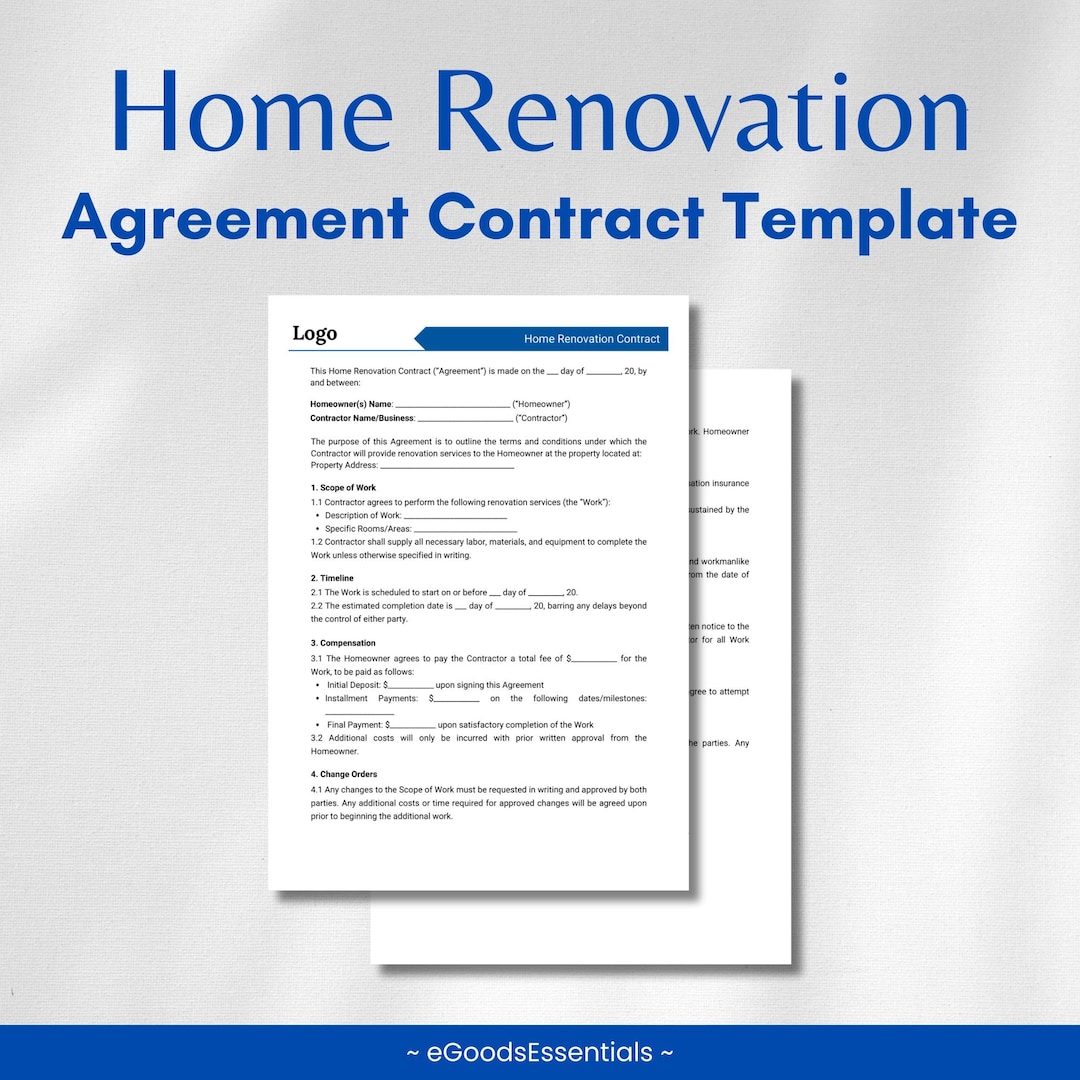 Editable Home Renovation Contract Template - Contractor Agreement for ...