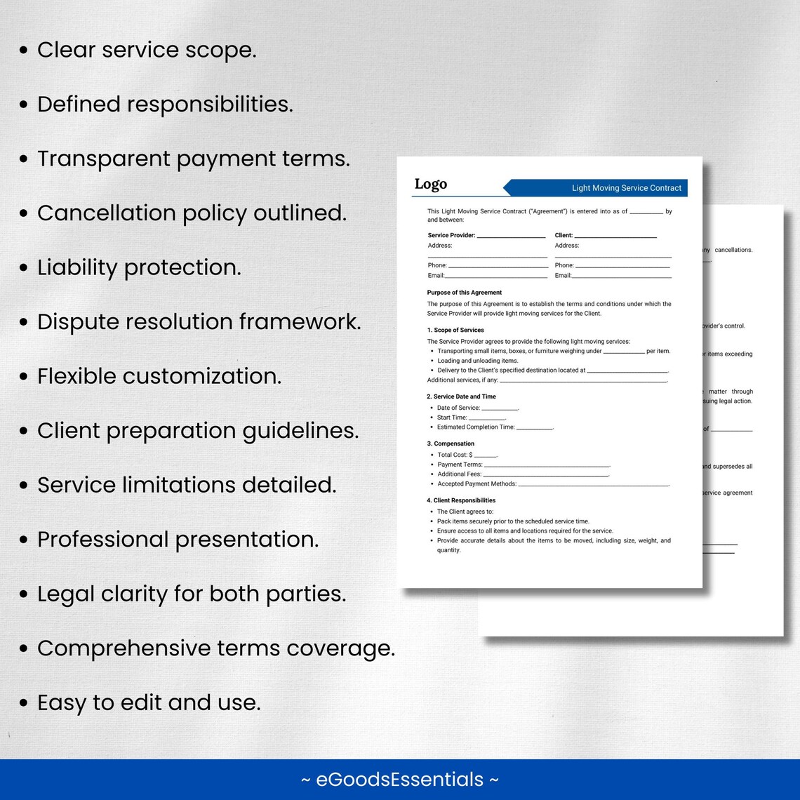 Editable Light Moving Service Contract Template - Freelance Agreement ...