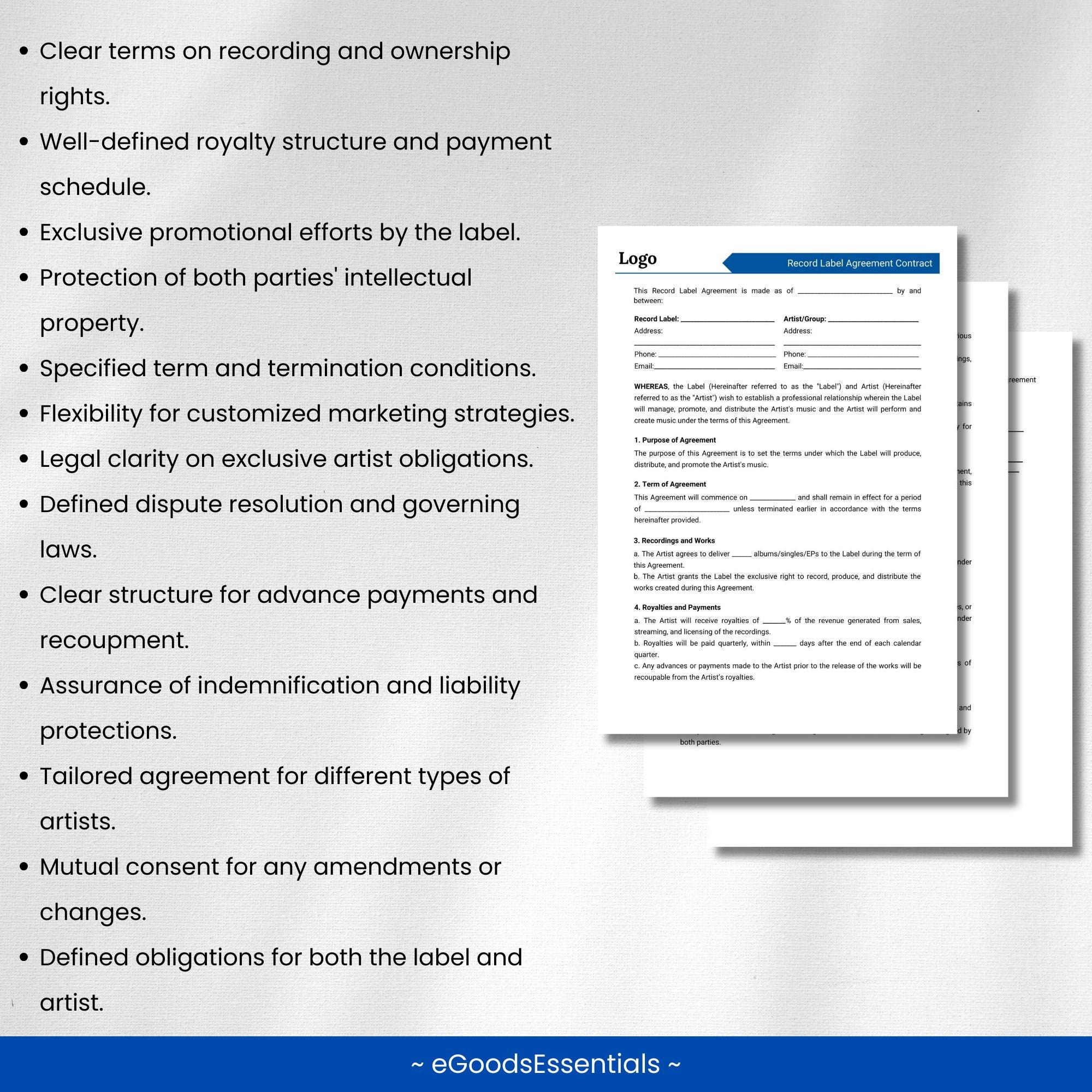 Editable Record Label Agreement Contract Template - Royalty Terms ...