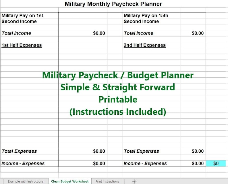 Military Paycheck / Budget Planner (bi-monthly). Track Your Monthly ...