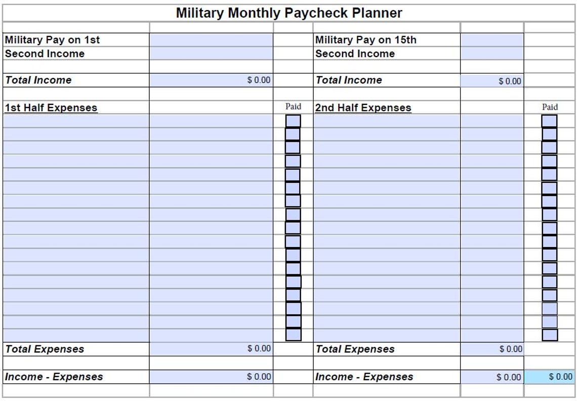 Military Paycheck / Budget Planner (bi-monthly). Track Your Monthly ...
