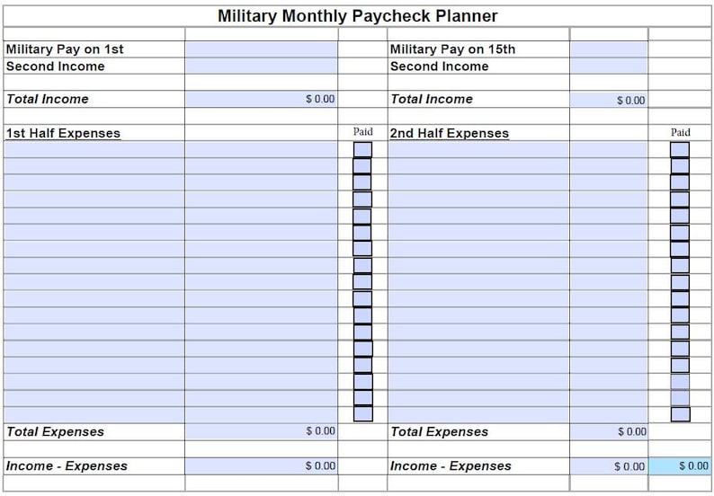 Military Paycheck / Budget Planner (bi-monthly). Track Your Monthly ...