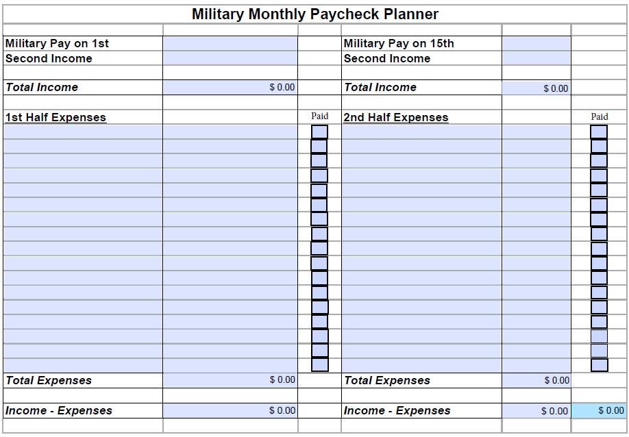 Military Paycheck / Budget Planner (bi-monthly). Track Your Monthly ...