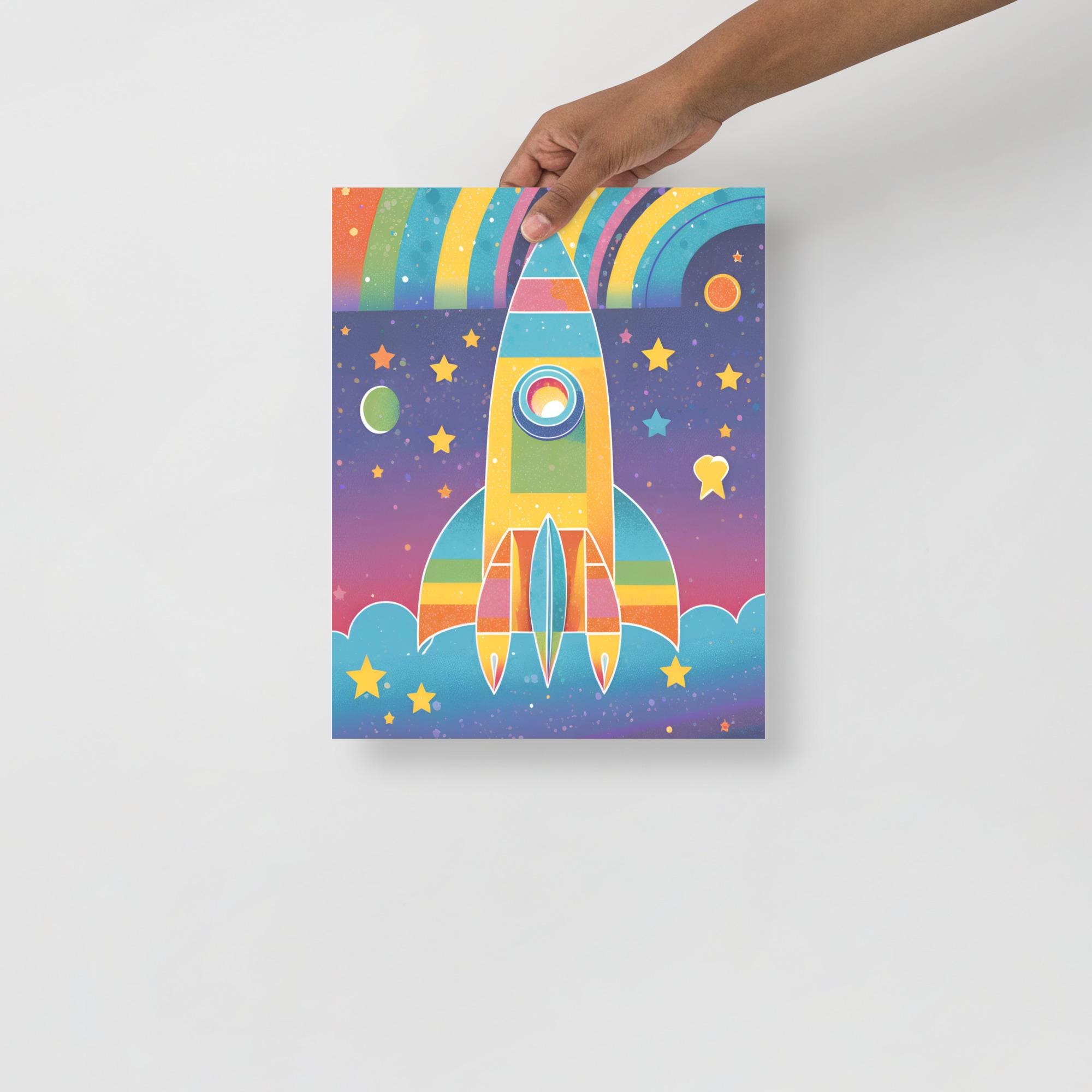 Retro Rainbow Rocket Ship Poster 1 Mid-century Modern Matte Print ...