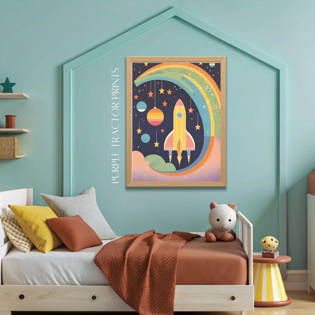 Retro Rainbow Rocket Ship Poster 2 Mid-century Modern Matte Print ...